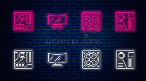 Set Line Computer Monitor Screen Cooler Motherboard Digital Chip And Glowing Neon Icon On