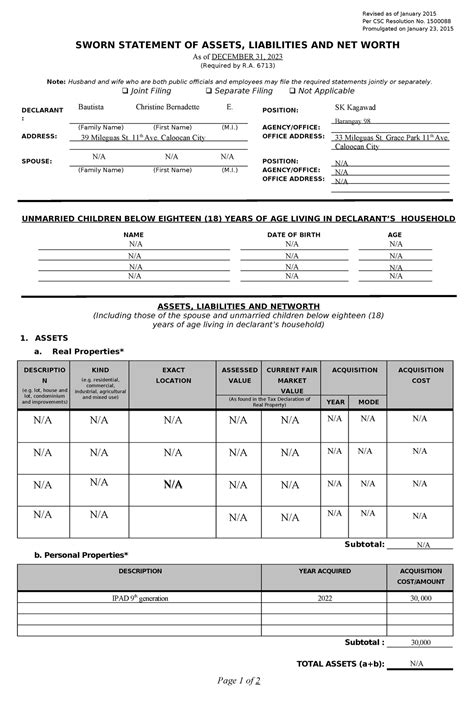 2015 Saln Form Revised As Of January 2015 Per Csc Resolution No 1500088 Promulgated On