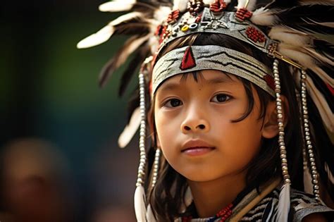 Premium Photo A Young Girl Wearing A Headdress And Feathers