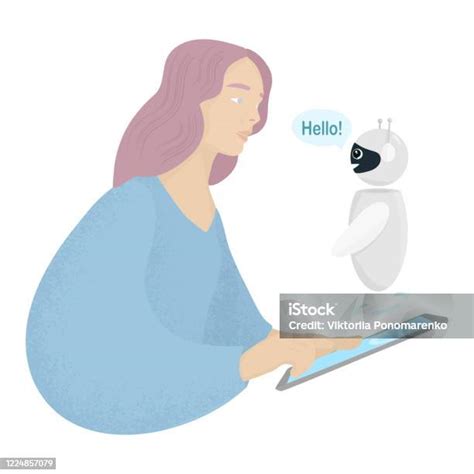 소녀는 채팅 봇과 통신합니다 인공 지능과 상호 작용 사람들의 개념 로봇 도우미와 채팅 미래 마케팅 벡터 절연 그림입니다 Brand Name Online Messaging