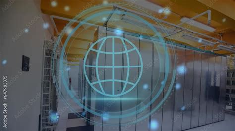 Animation Of Cyber Security Text In Shield Globe In Loading Circles And Lens Flares Server Room