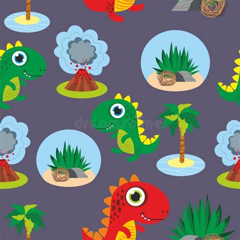 Pattern Cartoon Cute Dinosaurs Seamless Pattern Tropical Plants And