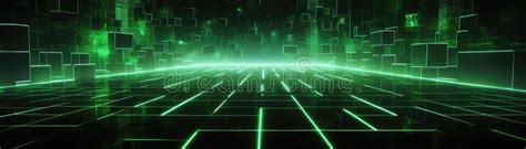 Dark Room With Lot Of Green Lights Matrix Coded Background Representing Blockchain Panoramic Dark Room With Lot Of Green Lights Matrix Coded Background Representing Blockchain Panoramic