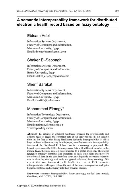PDF A Semantic Interoperability Framework For Distributed Electronic Health Record Based On