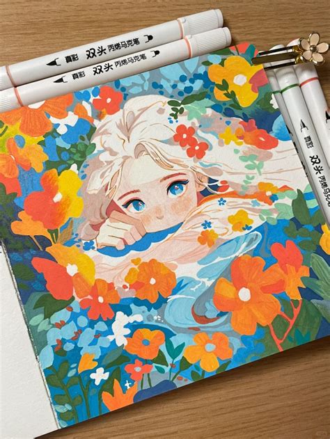每日一画 镜花水月，真彩丙烯马克笔（含步骤） 花瓣网