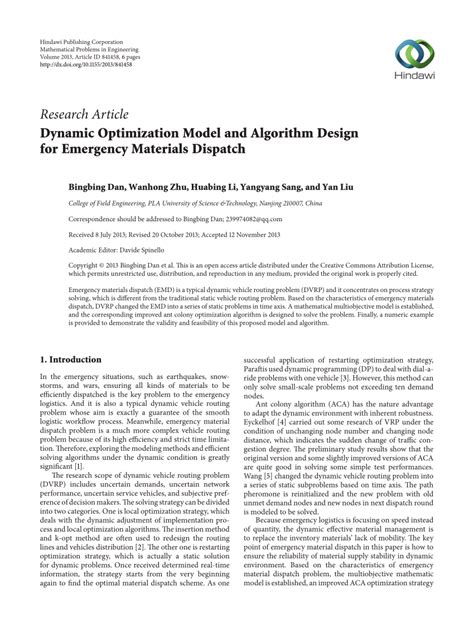 Pdf Dynamic Optimization Model And Algorithm Design For Emergency Materials Dispatch