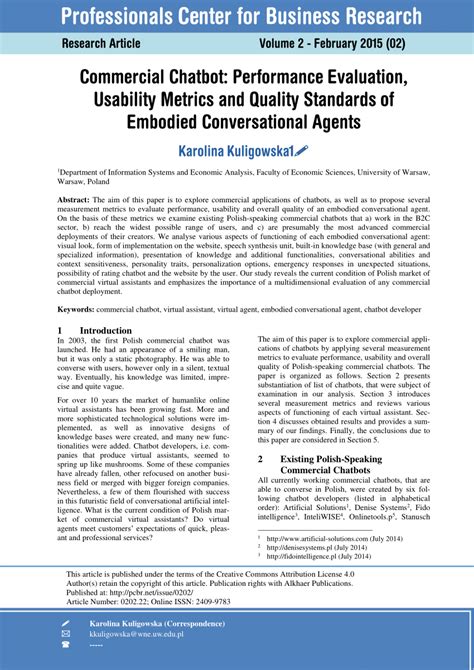 Pdf Commercial Chatbot Performance Evaluation Usability Metrics And Quality Standards Of