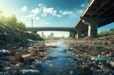 Um Rio Lixo E Uma Ponte Ao Fundo Foto Premium