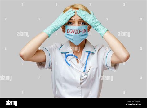 Medical Doctor Nurse Woman Wearing Protective Mask And Rubber Or Latex