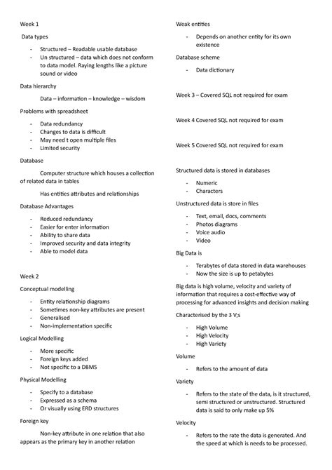 Itech 1103 Notes Overview Of Required Content Week 1 Weak Entities Data Types Structured