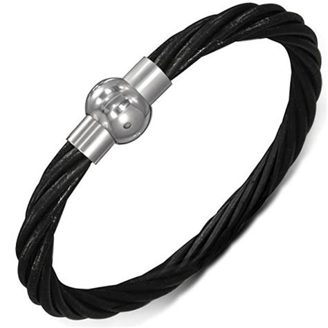 Bracelet homme en cuir noir tressé et fermeture magnétique ZB0154