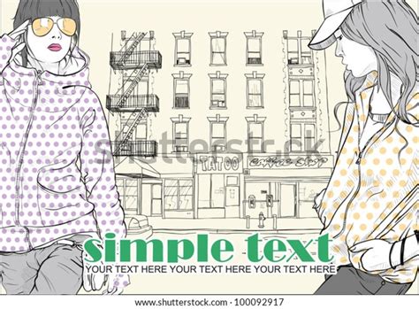 Two Sexy Girls Sketchstyle On Citybackground Stock Vector Royalty Free 100092917 Shutterstock