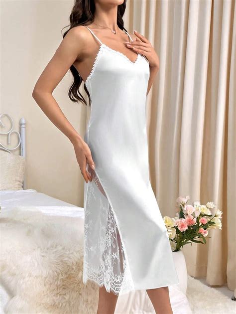 Womens Lace Trimmed Satin Pajama Slip Dress Shein Usa