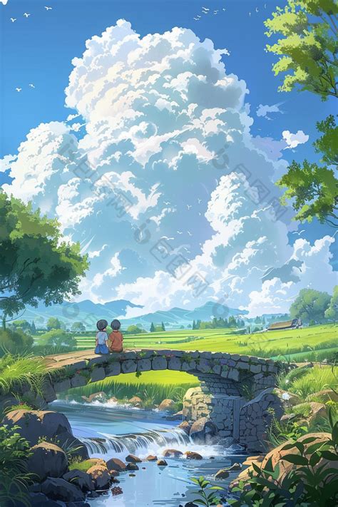 夏天孩子拱桥看风景高清图片下载 包图网
