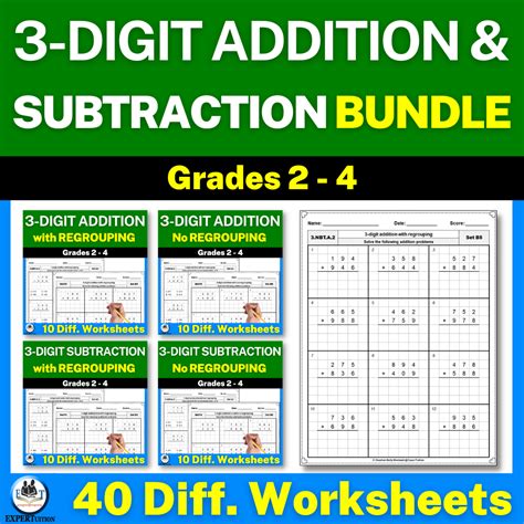 3 Digit Addition And Subtraction With And Without Regrouping Worksheets Bundle Expertuition