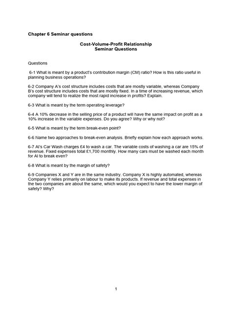 Cvp Analysis Seminar Questions Pdf Business Economics Economics