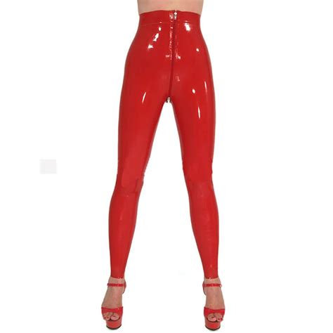 Women Casual Cothes Red Latex Trousers Sexy Slim Rubber Pants Front