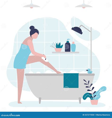 Woman In Towel Shaves Legs In Bath Female Character Uses Razor To
