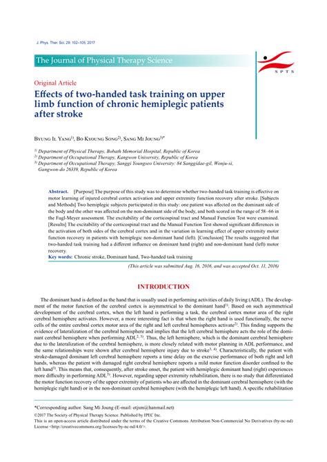 Pdf Effects Of Two Handed Task Training On Upper Limb Function Of Chronic Hemiplegic Patients
