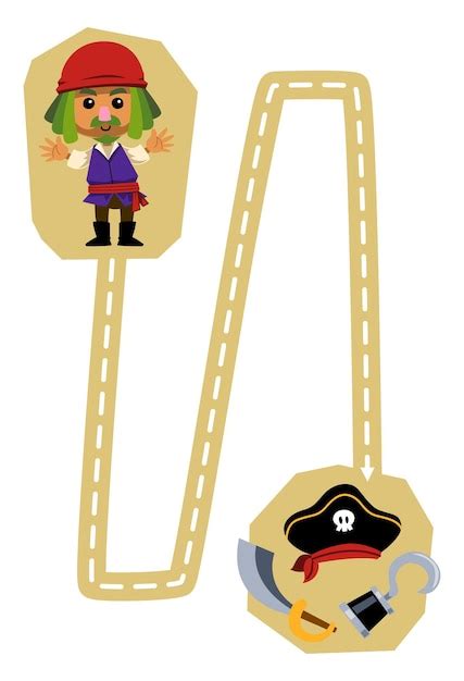 어린이 필기 연습을 위한 교육 게임은 선을 추적하여 귀여운 만화 남자가 모자 칼과 갈고리로 이동하는 데 도움이 되는 인쇄 가능한