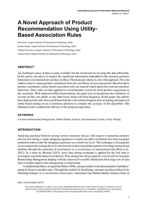 Pdf A Novel Approach Of Product Recommendation Using Utility Based Association Rules