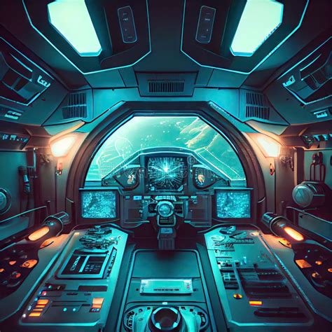 Futuristic Sci Fi Futuristic Interior Of Flying Space Ship With Control