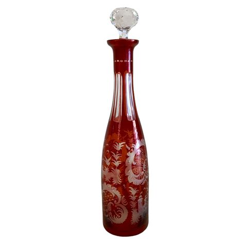 Botella Bohemia De Cristal Dibujado Al Acido Sxix Antigüedades Bruce