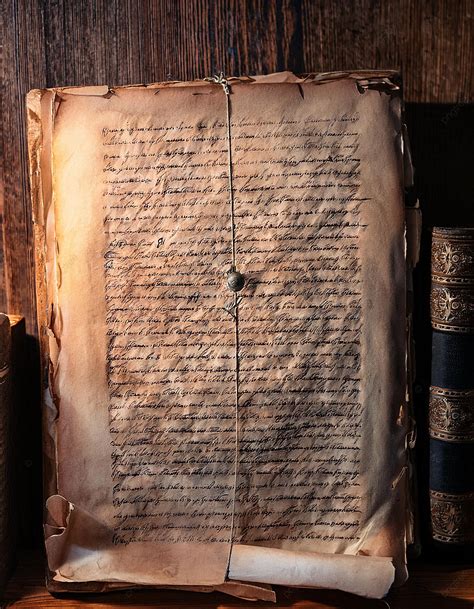 Aged Parchment Scroll With Handwritten Text Tied With Twine Rests Against Aged Books Background