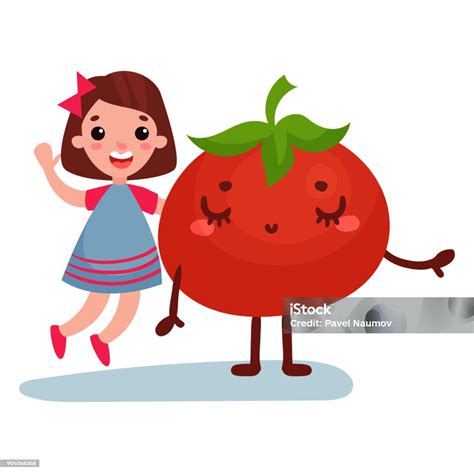 거 대 한 토마토 야채 캐릭터 최고의 친구 아이 들 만화 벡터 일러스트 레이 션에 대 한 건강 식품과 재미 달콤한 작은 소녀