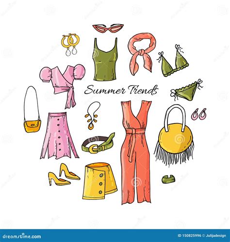 Modesatz Sommerkleidung Und Zus Tze Der Frau Sommerart Vektor