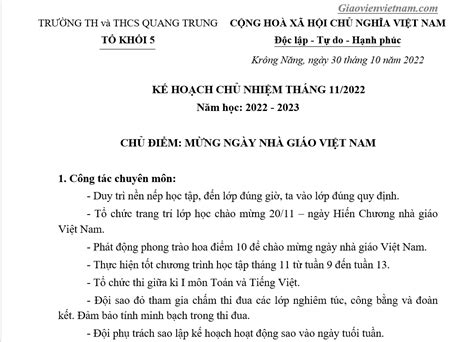 Kế hoạch chủ nhiệm lớp tháng Giáo viên Việt Nam
