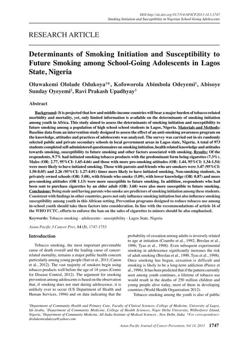 Pdf Determinants Of Smoking Initiation And Susceptibility To Future Smoking Among School Going