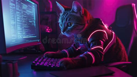 Cute Cat In A Cyber Suit Programming On A Computer Stock Illustration Illustration Of Language
