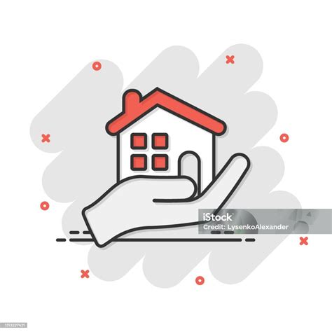 家庭護理圖示在漫畫風格手握白色隔離背景的房屋向量卡通插圖建築質量經營理念飛濺效應向量圖形及更多不動產圖片 不動產 互聯網 住宅區