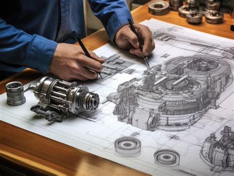 Premium Ai Image A Blueprint With Machined Parts With Machined Parts Placed On The Side Of The