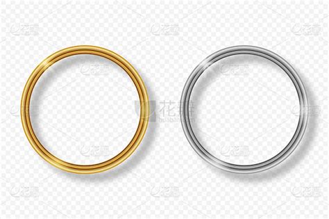 一套金色和银色的圆形框架上透明的背景与阴影。金色和银色三维逼真的几何圆形边界与辉光闪烁和灯光效果。矢