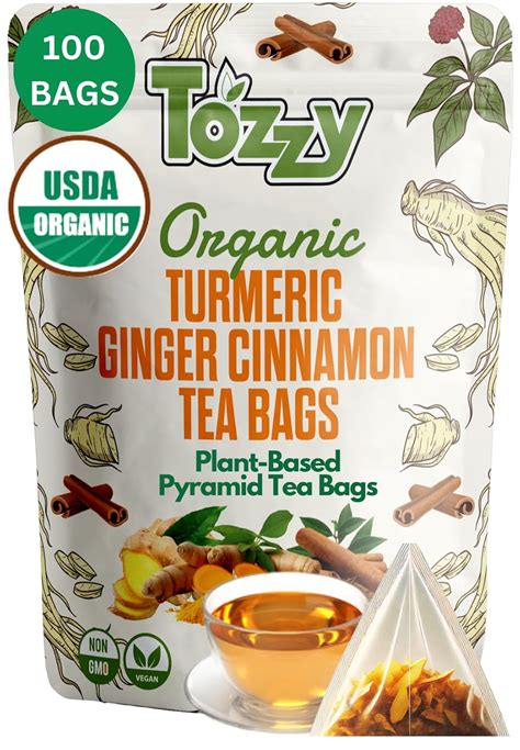 Tozzy Organic Turmeric Ginger And Cinnamon Tea 100 Count Pyramid Tea Bags Pure