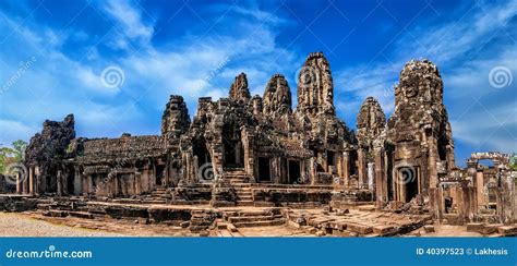 Ancient Khmer Architecture Panorama View Of Bayon Temple At Angkor Wat