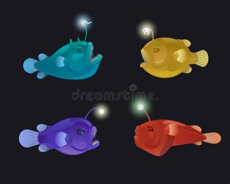 Set Of Angry Toothy Anglers With Lanterns Bait Vector Cartoon Detailed