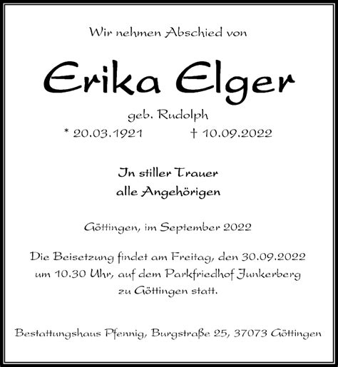 Traueranzeigen Von Erika Elger Trauer Anzeigende