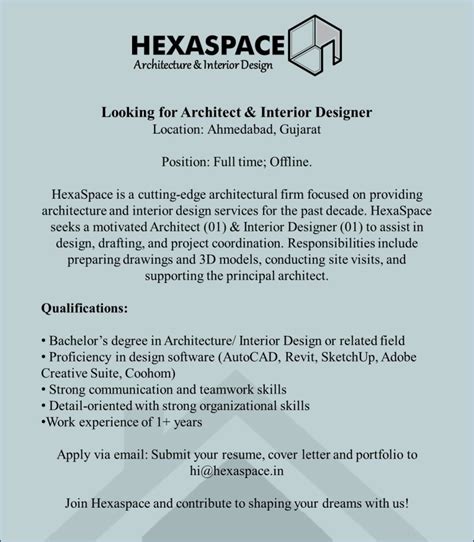 Mayank Brahmbhatt On Linkedin Hexaspace Is Looking For Motivated Architect 01 And Interior