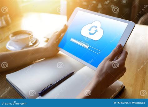 Cloud Synchronization Progress Bar On Tablet Screen Data Storage And Protection Technology And