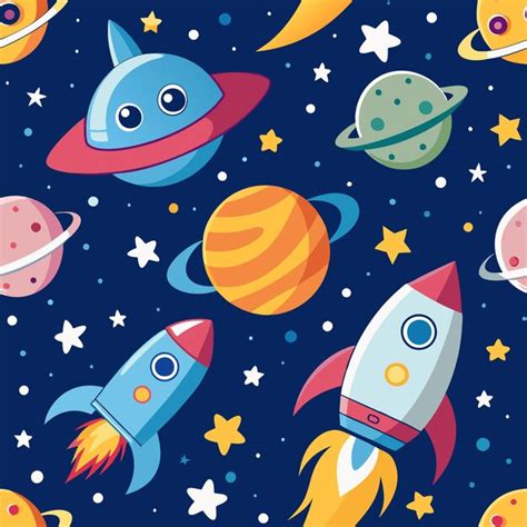 Seamless Pattern Of Colorful Planets Rockets And Stars On A Dark Blue Background Premium Ai