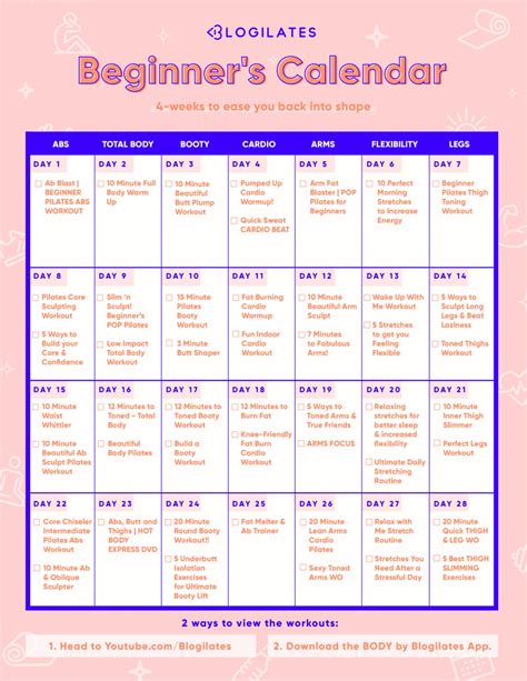 A 28 Day Workout Calendar For Beginners Blogilates Fitness Food