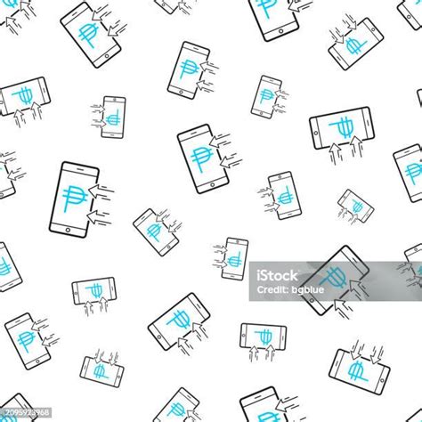 Receiving Peso With Smartphone Seamless Pattern Line Icons On White