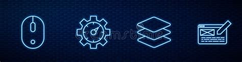 Set Line Layers Computer Mouse Website Statistic And Ui Or Ux Design Glowing Neon Icon On