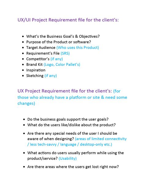 Ux Ui Project Requirements File For The Client S Pdf