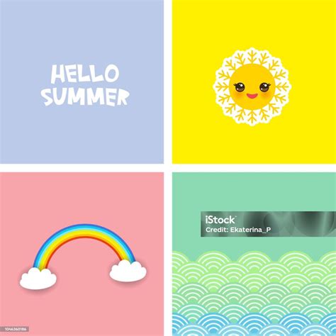 안녕하세요 여름 밝은 열 대 카드 배너 디자인 귀여운 귀여운 얼굴 레인 보우 흰 구름 태양 바다 파도 바다 현수막 전단지 적용 가능 합니다 벡터 귀여운에 대한 스톡 벡터