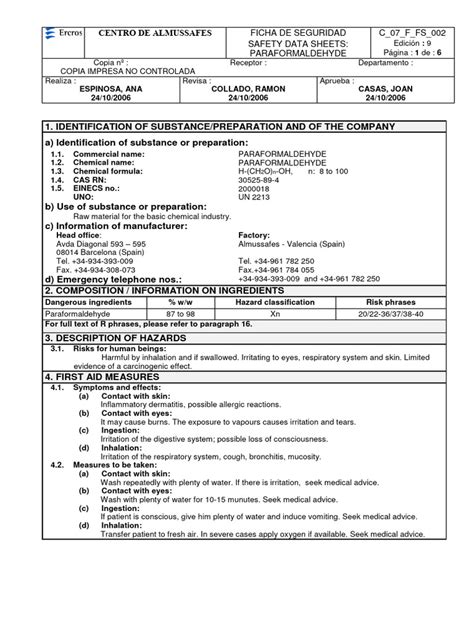 Msds 多聚甲醛 Download Free Pdf Formaldehyde Toxicity