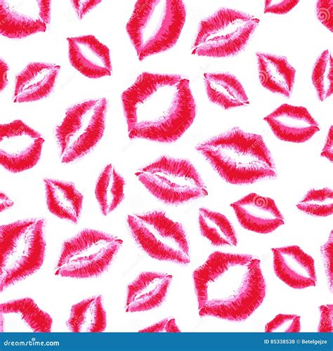 Vector Seamless Pattern With Red Lipstick Kisses Pink Lips Watercolor